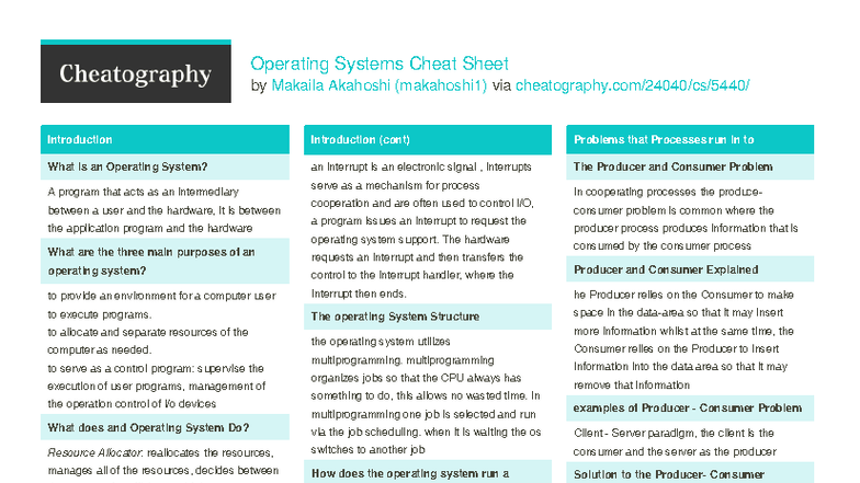 Operating Systems Cheat Sheet (OS 101) - Key Concepts & Problems - Studocu