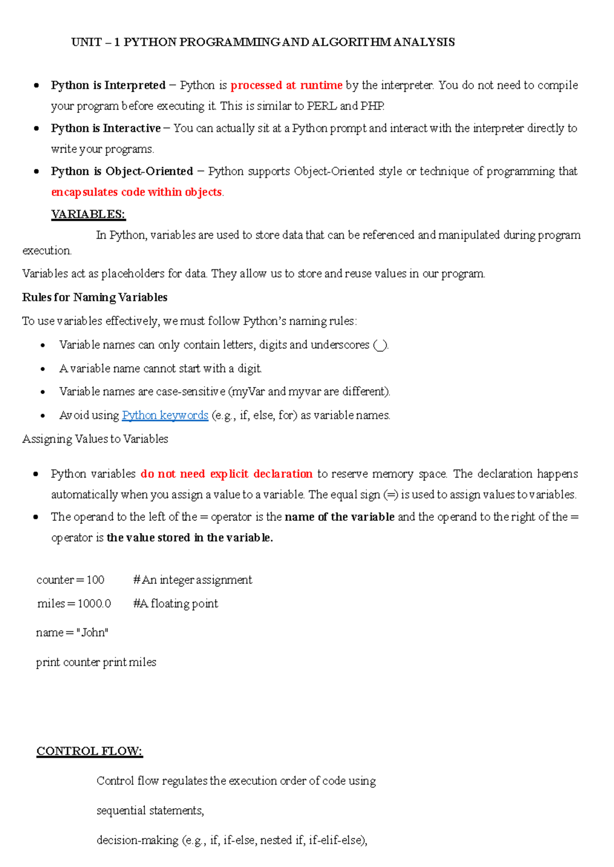UNIT 1: Python Programming & Algorithm Analysis Overview - Studocu