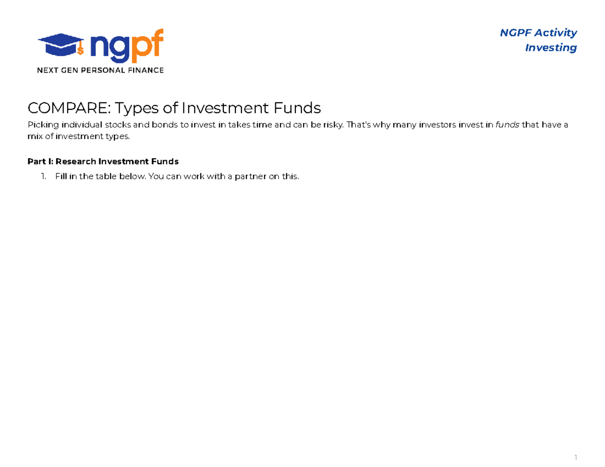 NGPF Activity: Comparing Types of Investment Funds - Studocu