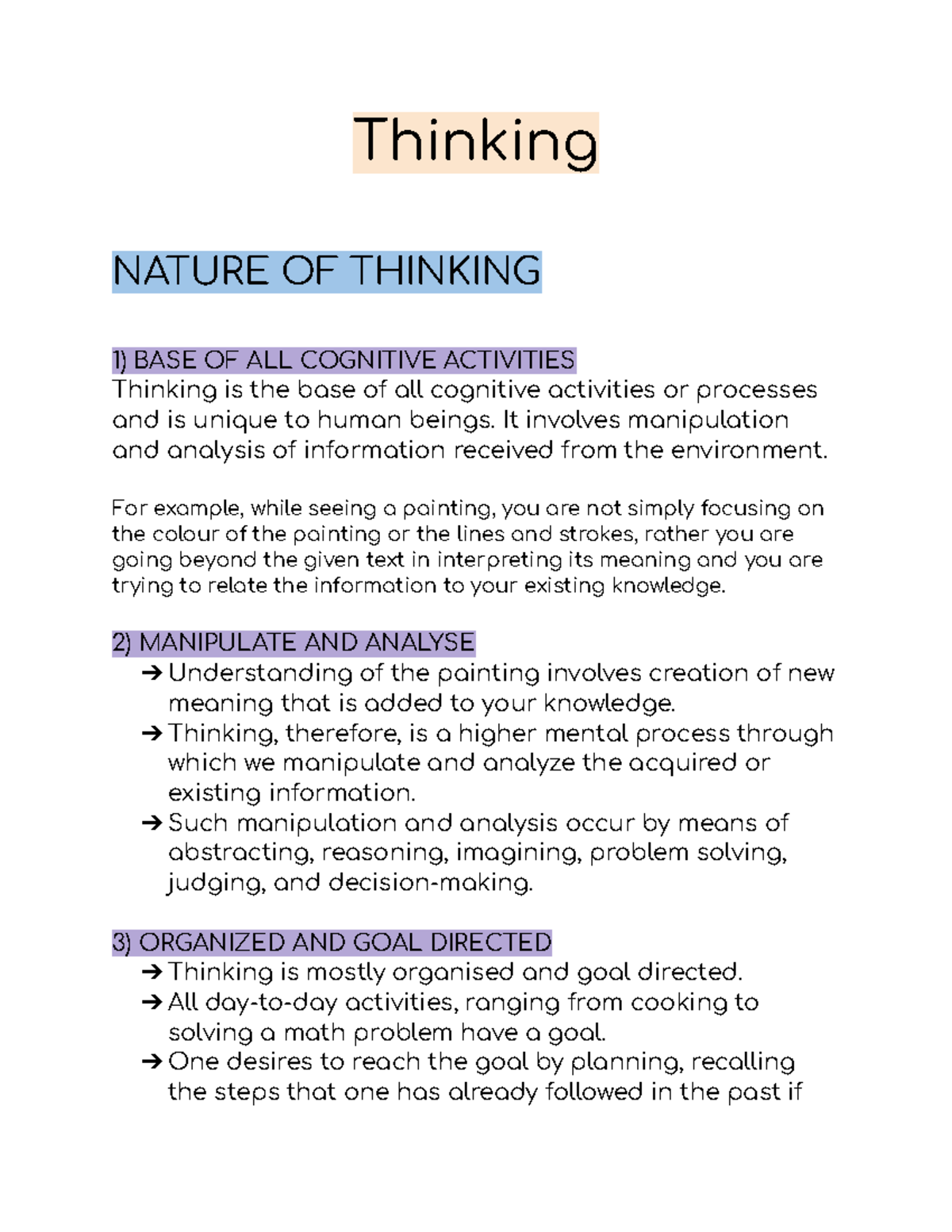 Thinking - NCERT Notes on Nature of Thinking and Problem Solving - Studocu