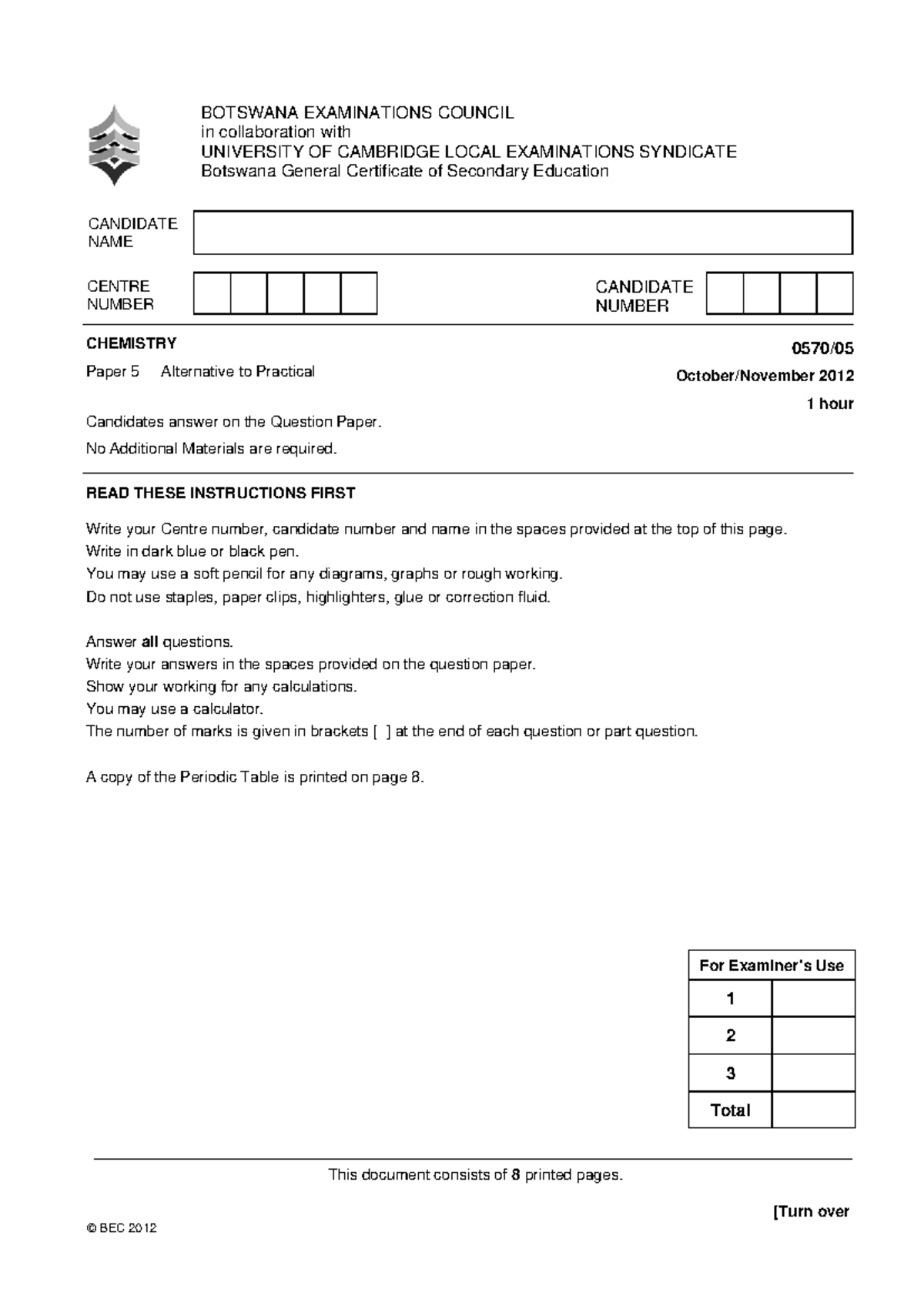 BEC 2012 Chemistry Paper 5 Alternative to Practical Exam Notes - Studocu