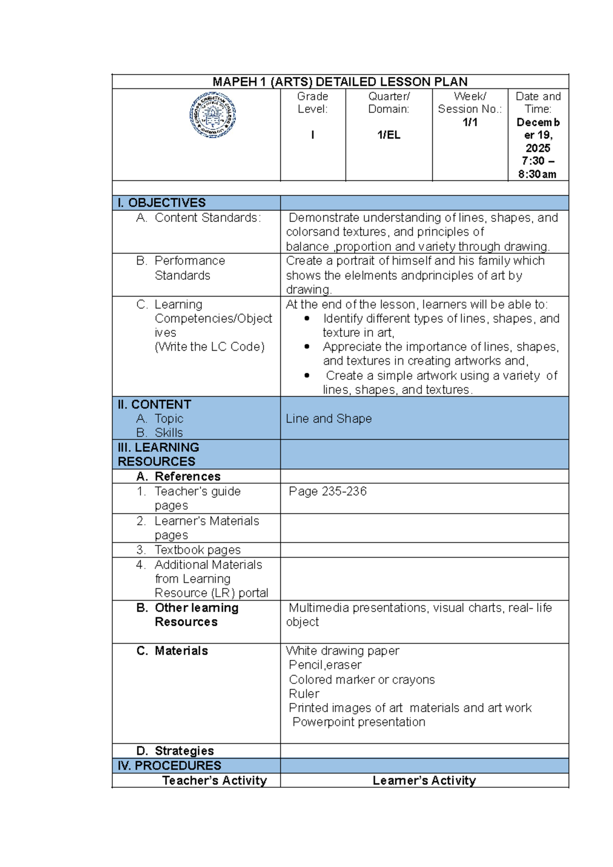 MAPEH 1 (ARTS) Detailed Lesson Plan: Understanding Lines and Shapes ...