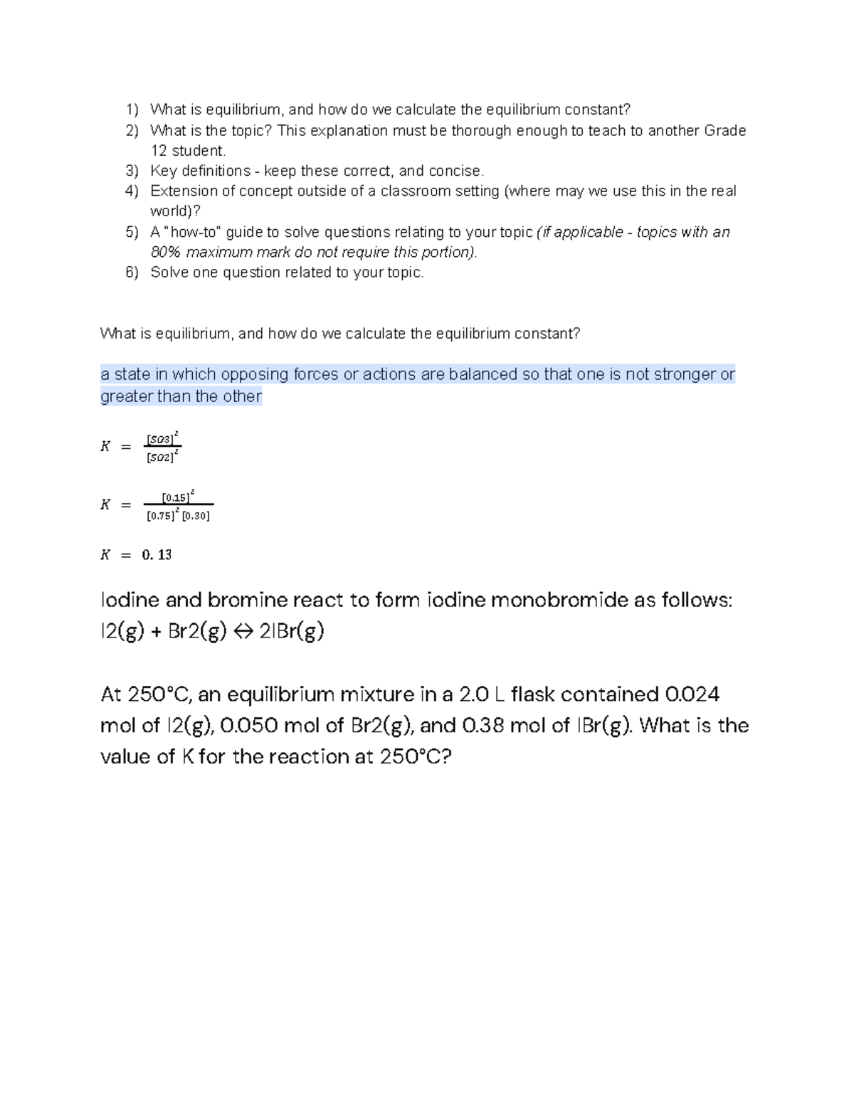 SCH4U - Equilibrium Concepts & Calculations Guide - Studocu