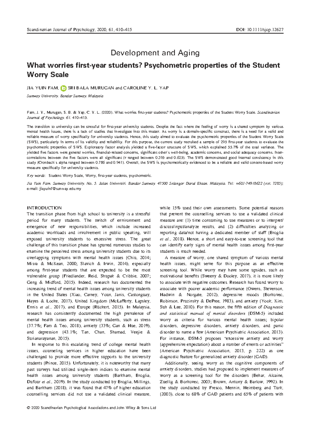 Psychometric Properties of the Student Worry Scale (SWS) for First-Year ...