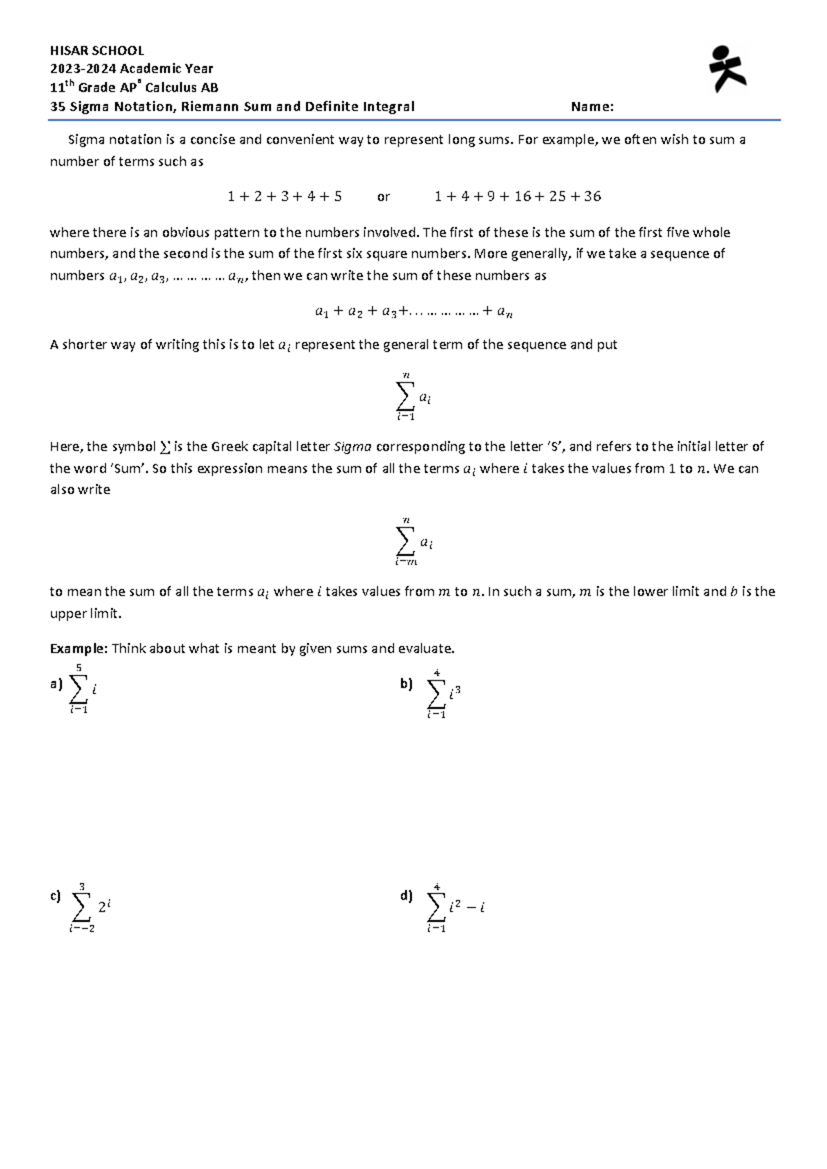 AP Calculus AB: Sigma Notation, Riemann Sums & Definite Integrals - Studocu
