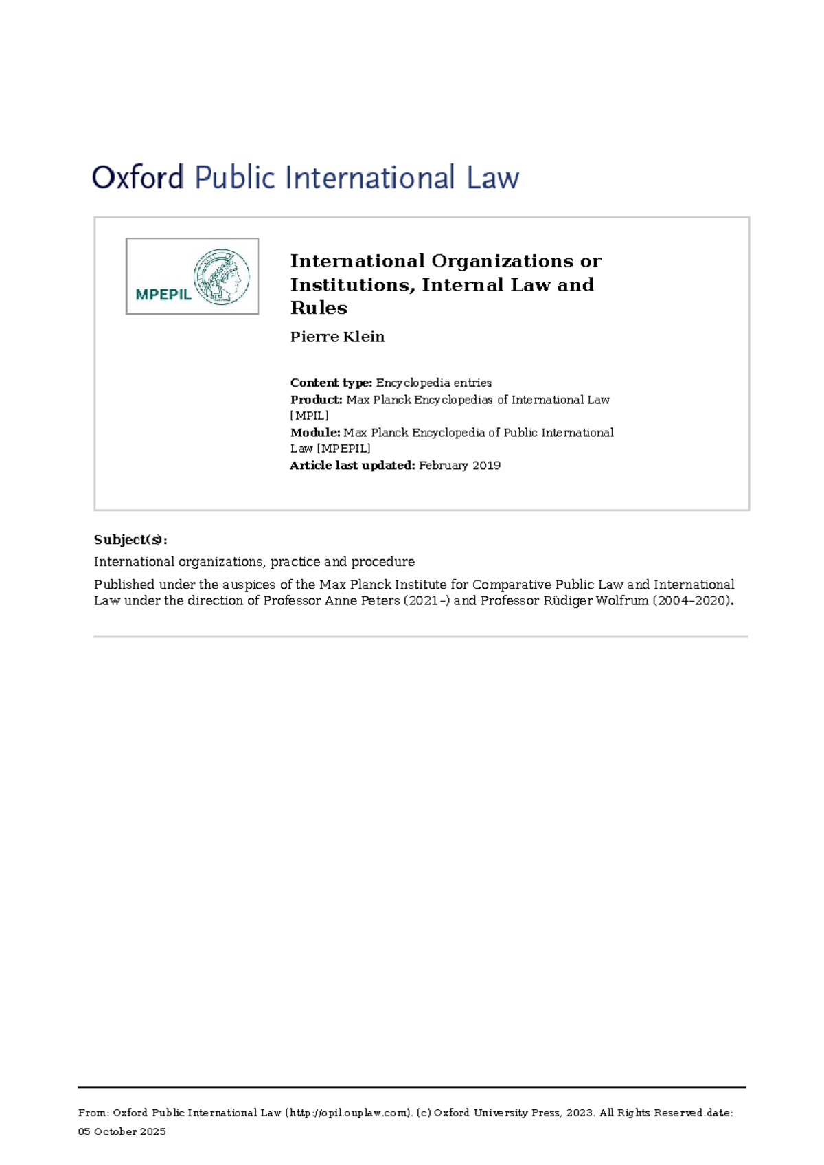 Internal Law and Rules of International Organizations (Max Planck ...