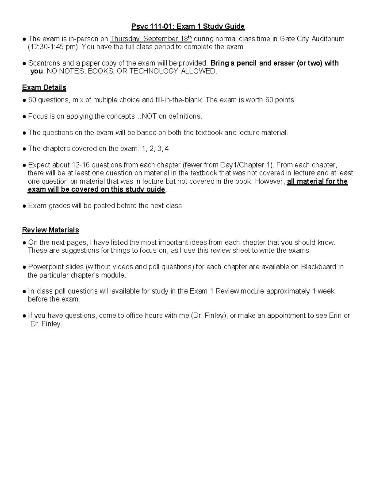 Psyc 111-01: Exam 1 Study Guide on Psychology Concepts & Methods - Studocu