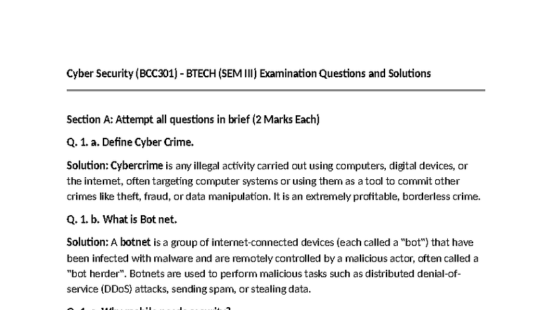 Cyber Security (BCC301) BTECH Exam Questions & Solutions - Studocu