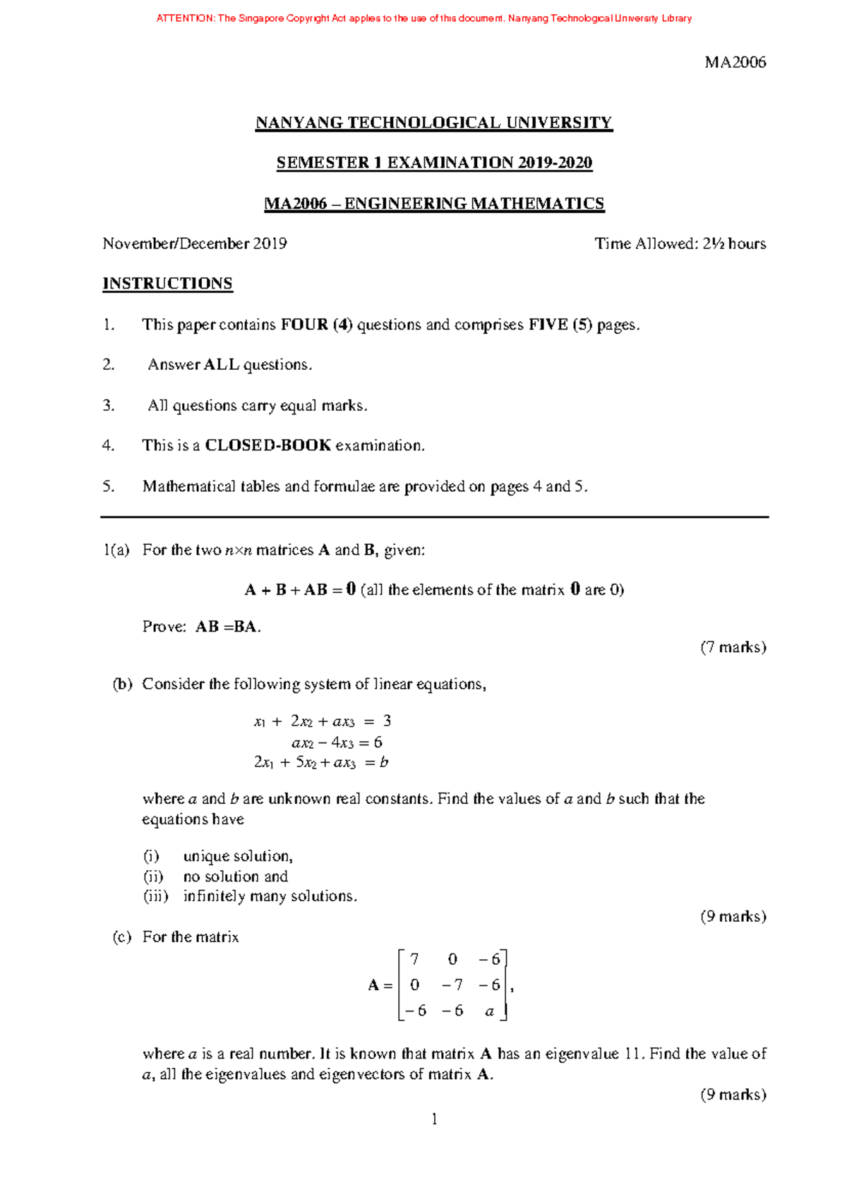 MA2006 Engineering Mathematics Semester 1 Exam November/December 2019 ...