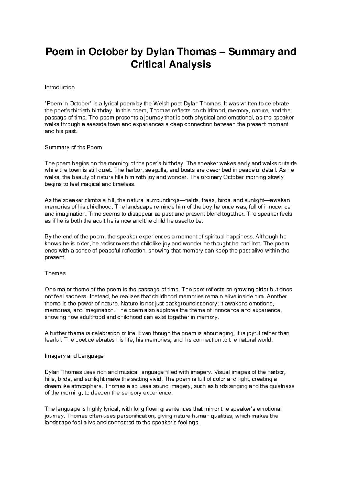 Dylan Thomas' "Poem in October": Summary & Critical Analysis - Studocu