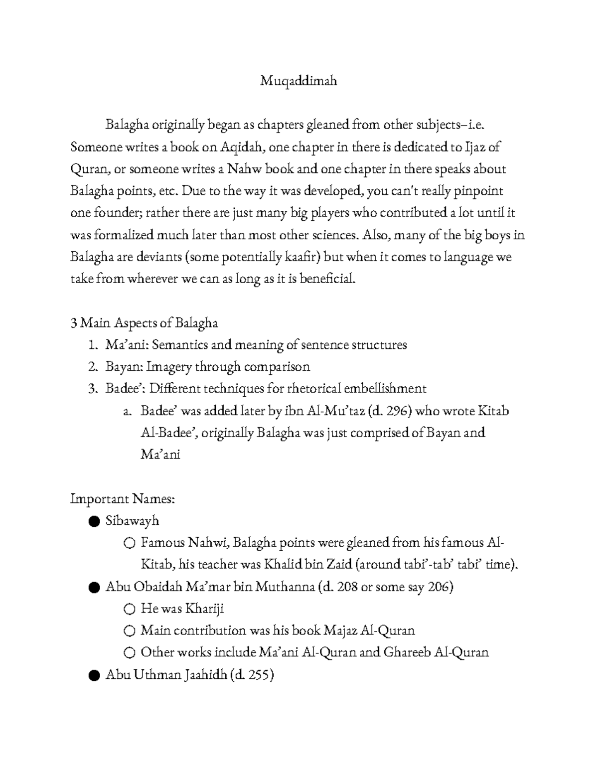 Study Guide on Balagha and Key Figures - Arabic Linguistics - Studocu