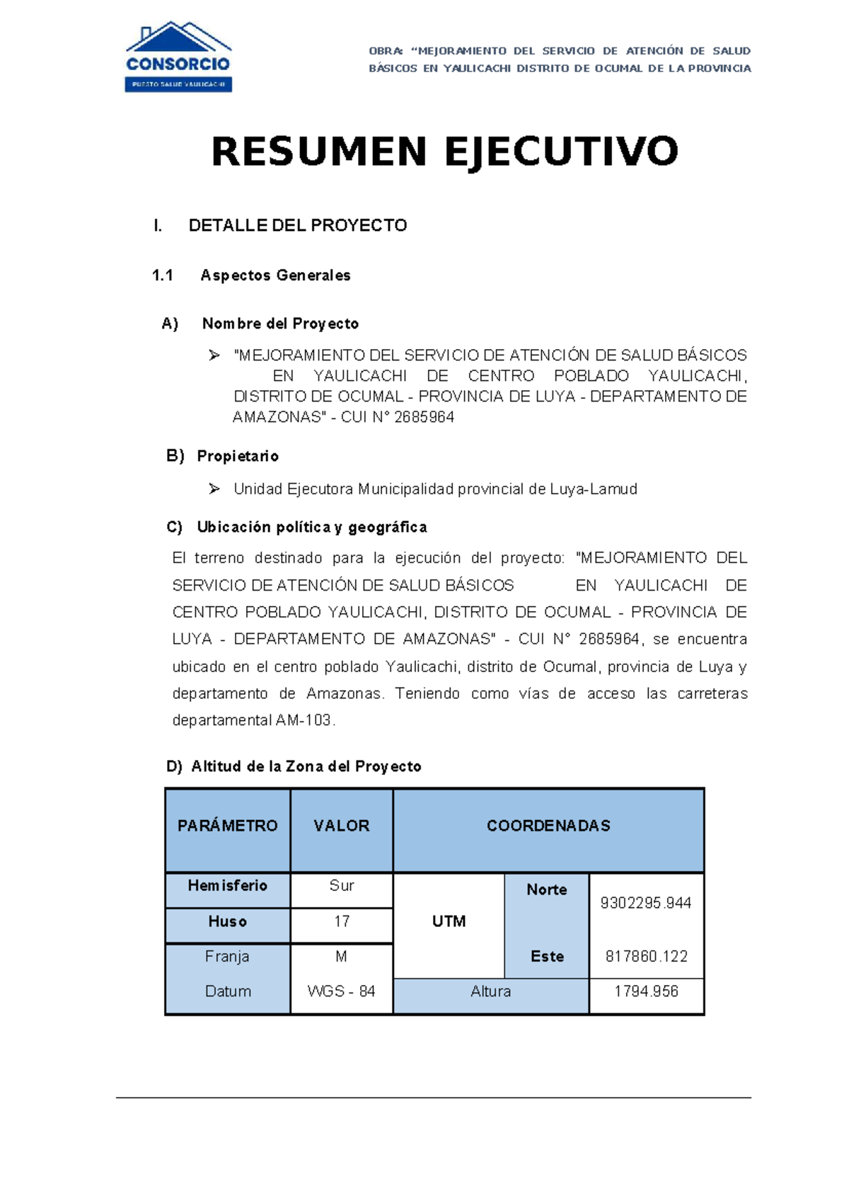 Resumen Ejecutivo: Proyecto de Salud Básica en Yaulicachi, CUI 2685964 ...