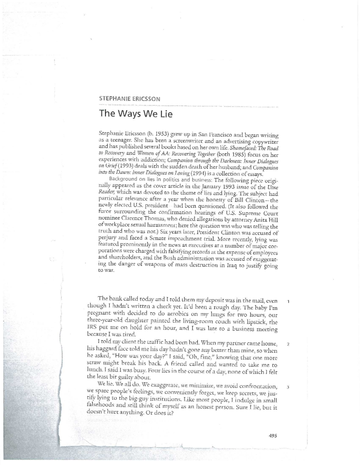ENG 101 Essay Notes: The Ways We Lie by Stephanie Ericsson - Studocu