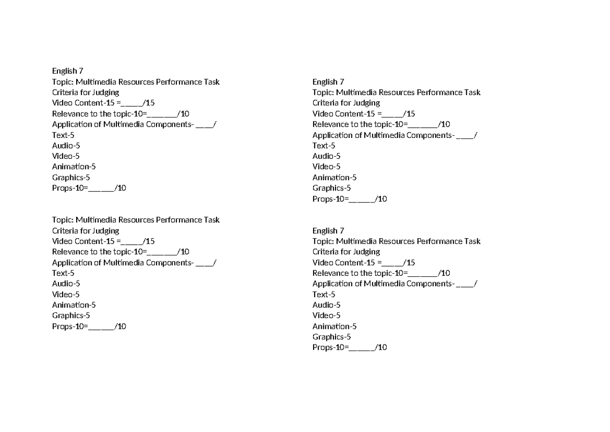 Grade 7 criteria for multimedia resources - English 7 Topic: Multimedia ...