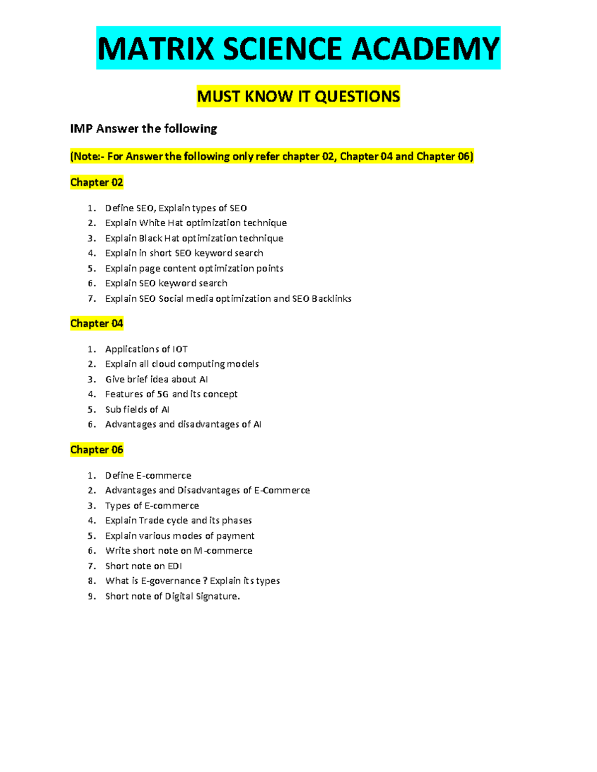MATRIX SCIENCE ACADEMY: Must Know IT Questions (Ch. 02, 04, 06) - Studocu