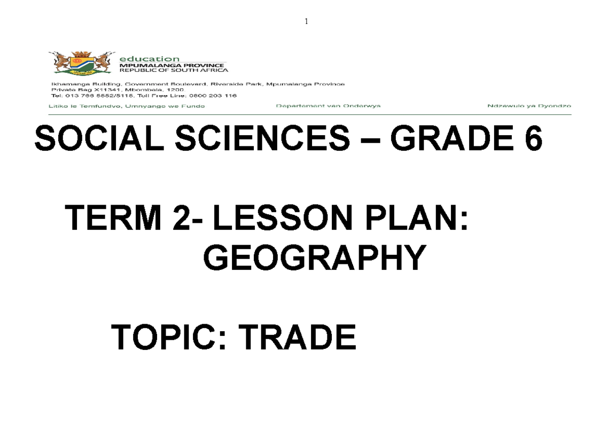 Grade 6 Social Sciences Term 2 Geography Lesson Plans: Trade Concepts ...