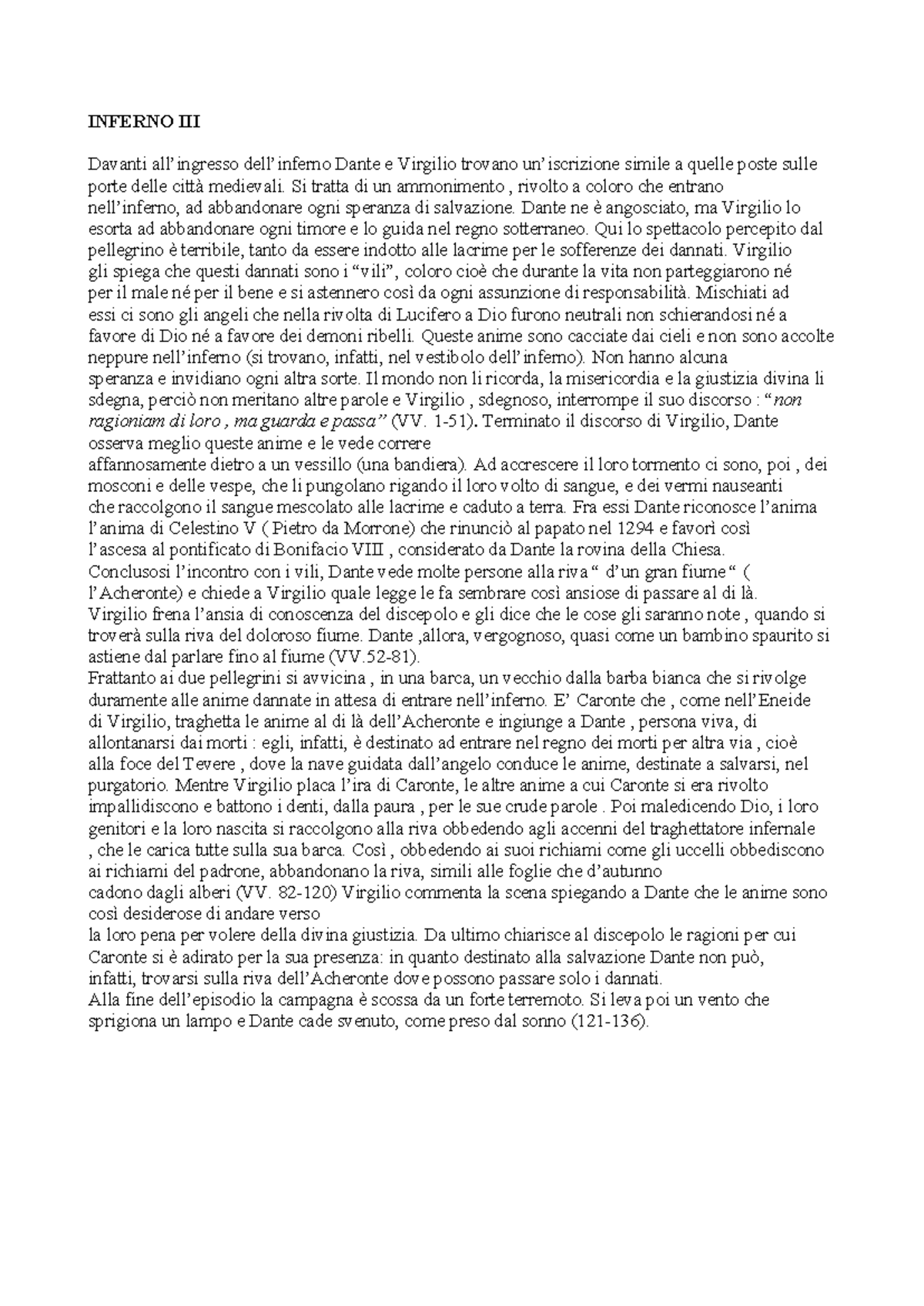 Analisi del III Canto dell'Inferno - Divina Commedia (IT-101) - Studocu