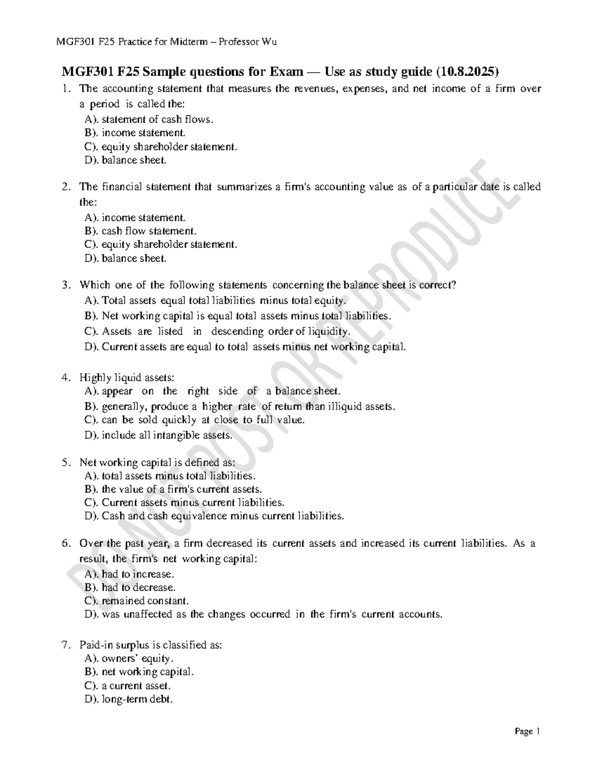 MGF301 F25 Midterm Exam Practice Questions - Professor Wu - Studocu