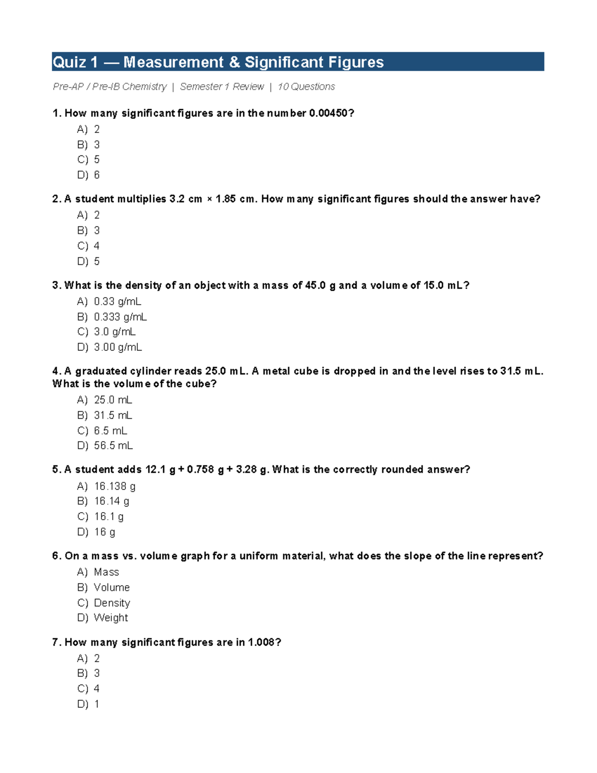 Pre AP Chem Quizzes 1-5: Measurement, Gas Laws, Atomic Structure Review ...