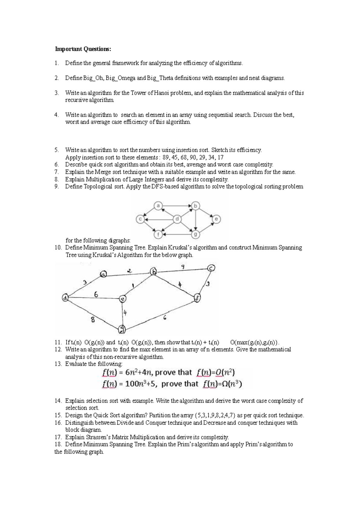 Important Questions: ADA IAT1 Final Exam on Algorithm Efficiency and ...