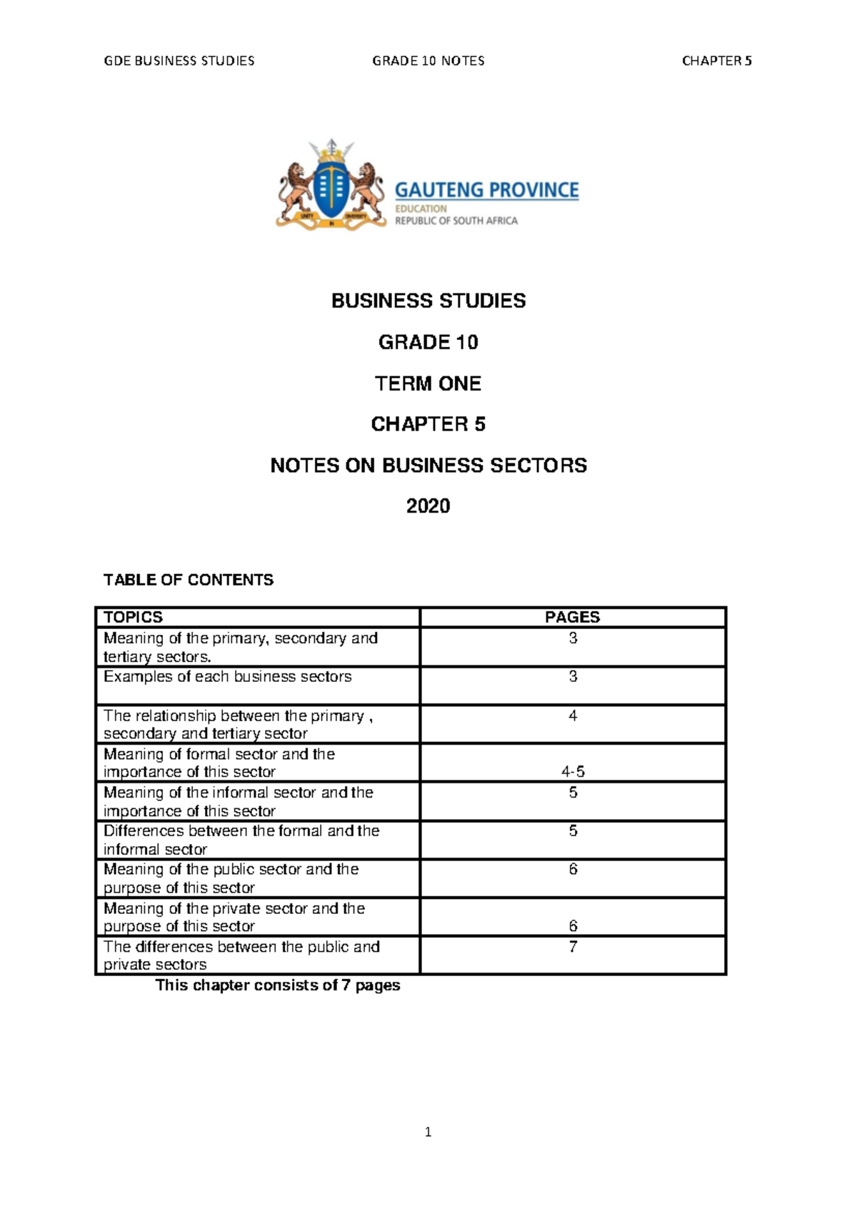 Business Sectors Notes - GR10 - Term 1 - 2024 - Studocu
