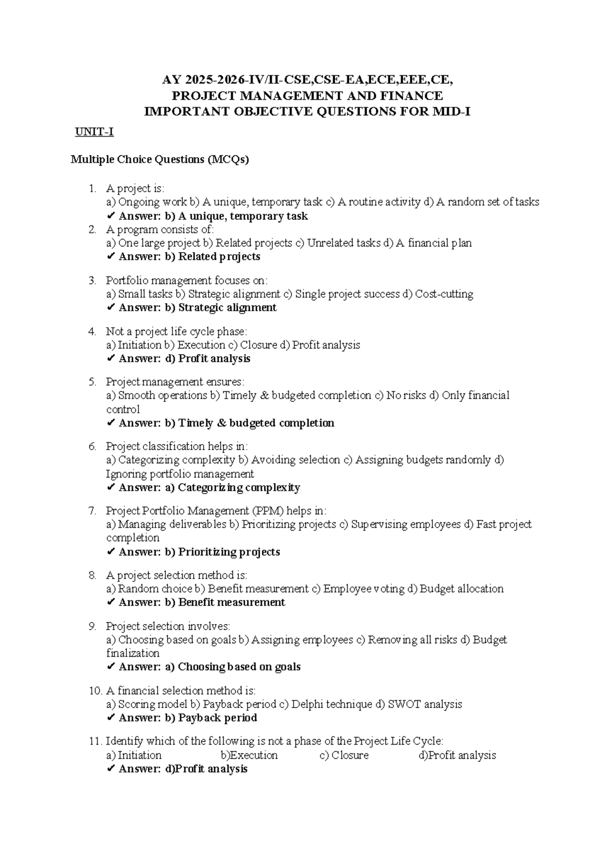 PMF 101: Important Objective Questions for Project Management and ...