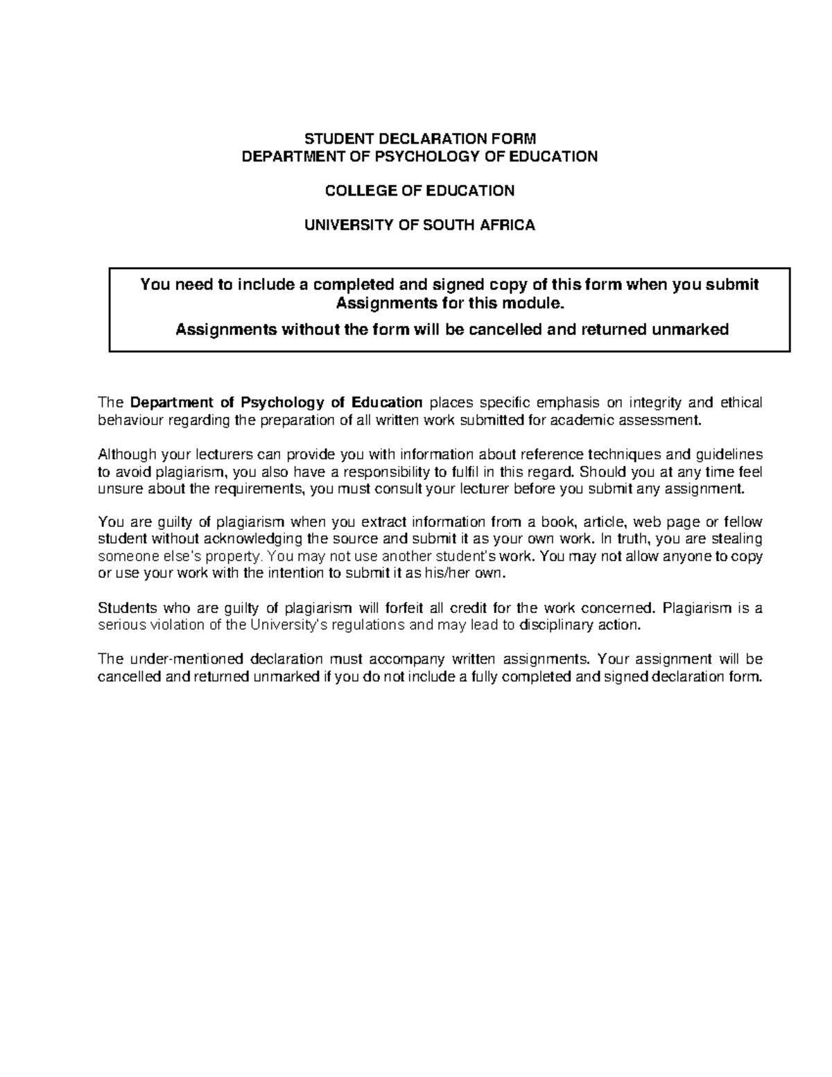 PDP4804 - Student Declaration Form for Assignment Submission - Studocu