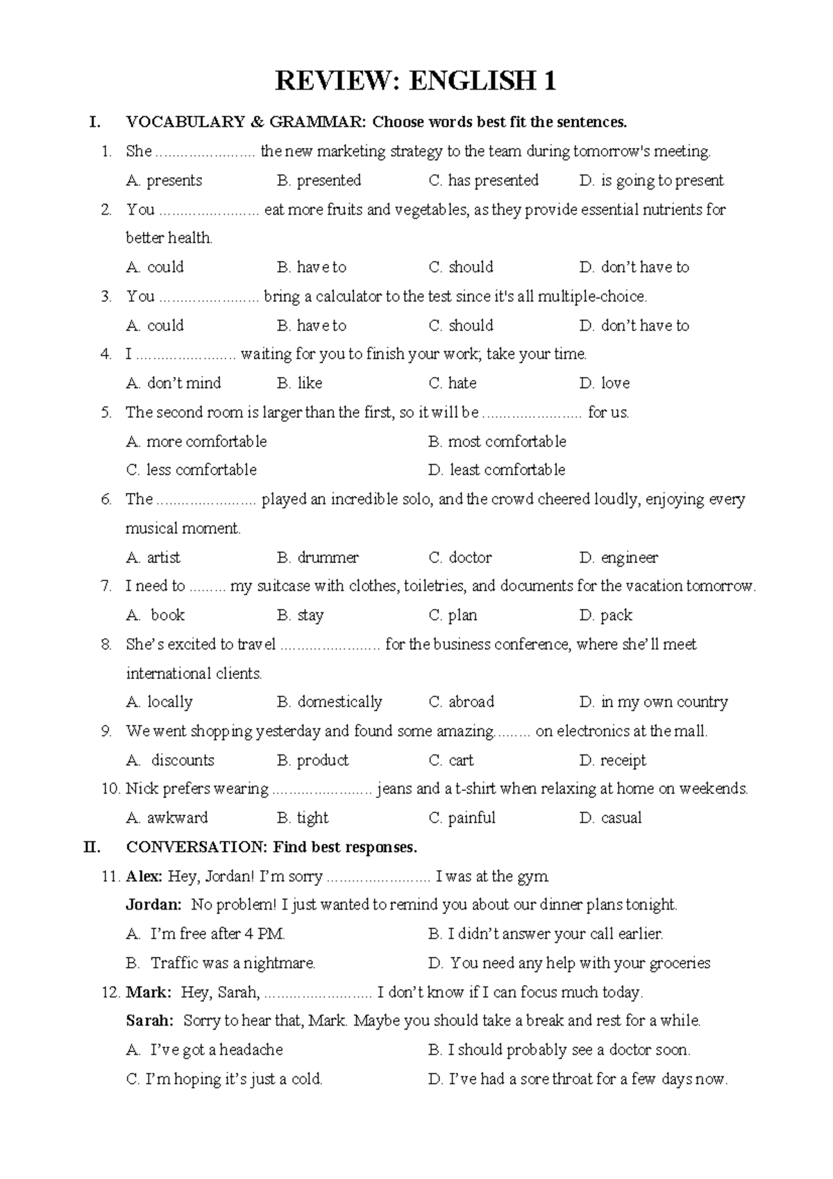 REVIEW: ENGLISH 1 - VOCABULARY & GRAMMAR PRACTICE EXERCISES - Studocu