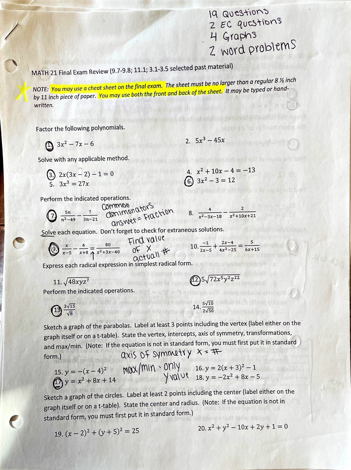 MATH 21 final exam review with answers - 19 Questions 2 EC questions 4 ...