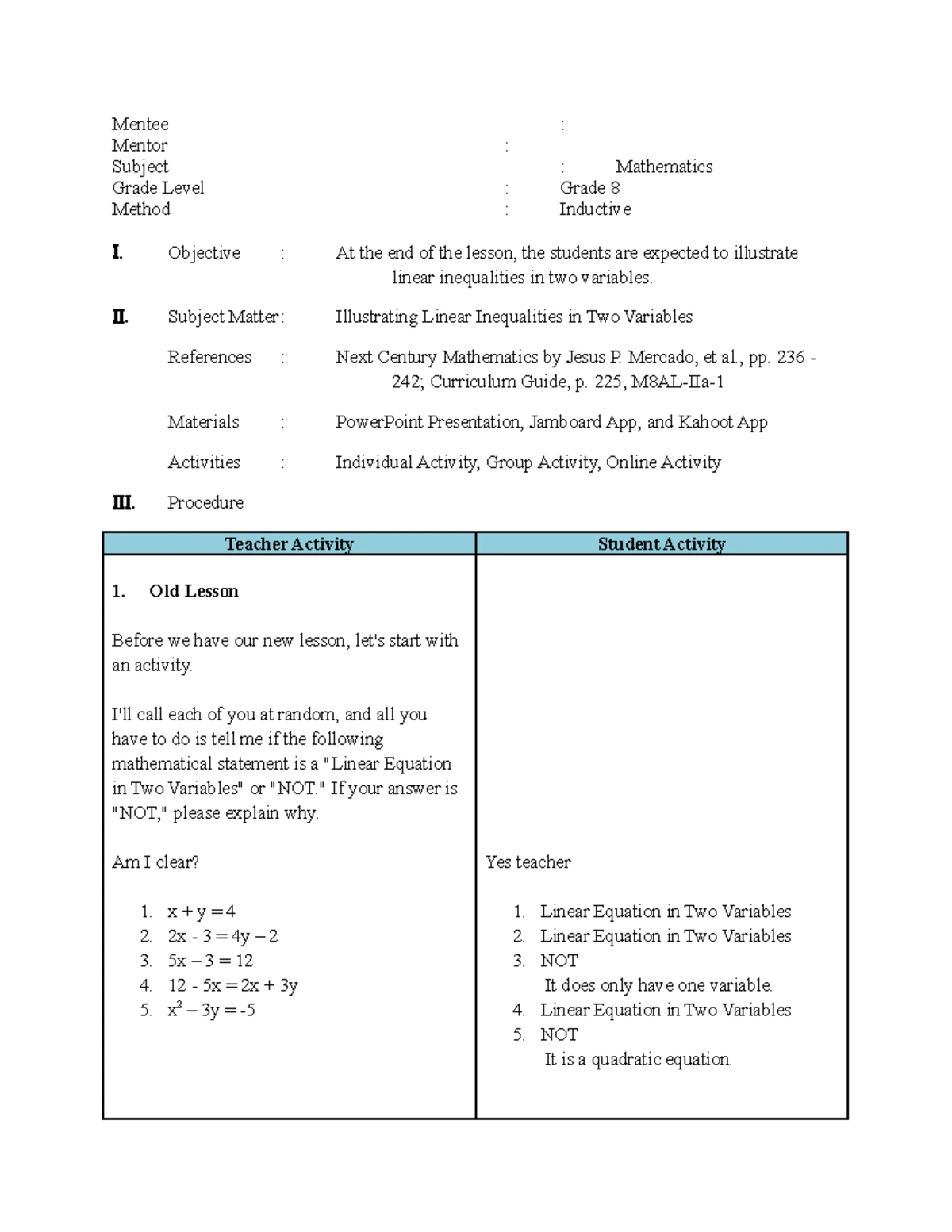 Grade-7 - lesson plan - Detailed Lesson Plan in Math (Grade 7) I ...