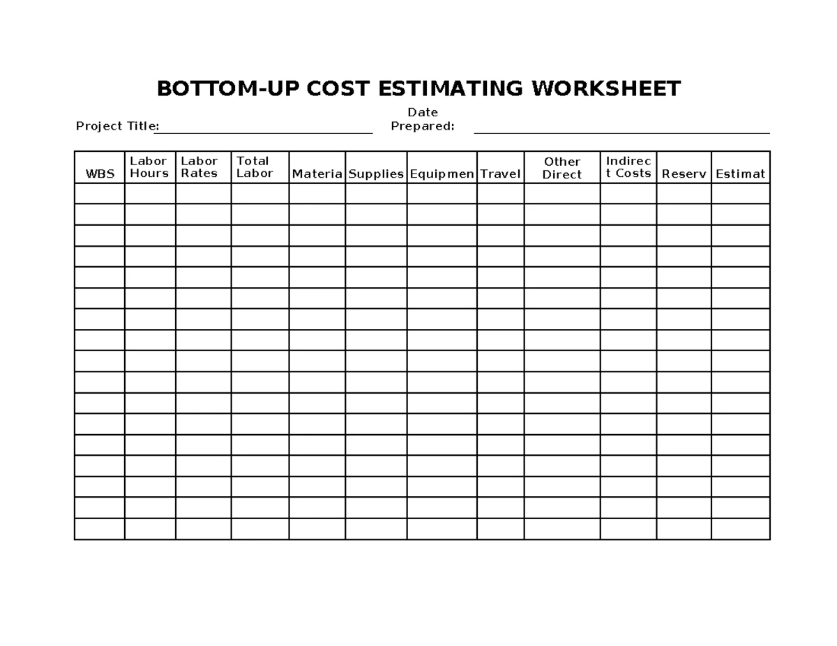 QSO355 Bottom-Up Cost Estimating Worksheet Template for A&D Market ...