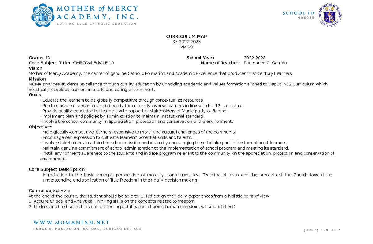 GMRC 10 Curriculum Map for SY 2022: Values and Morality Education - Studocu