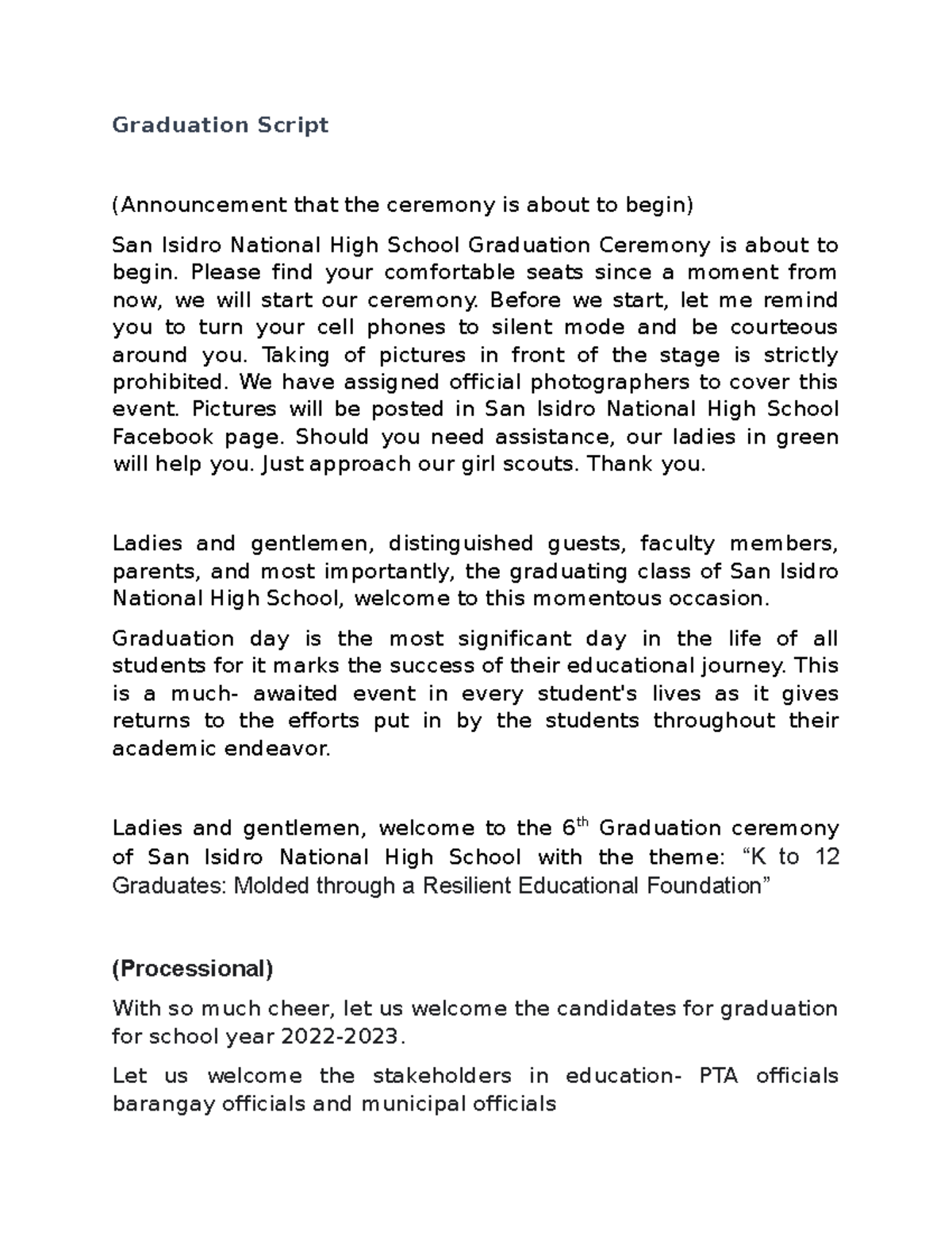 San Isidro National High School 2022-2023 Graduation Script - Studocu