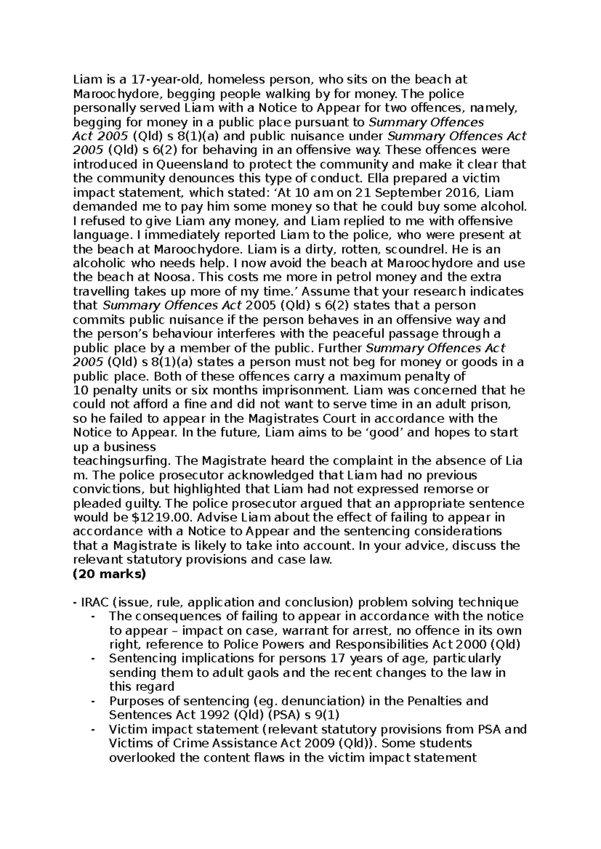 Law104 prac exam and content guide - Liam is a 17-year-old, homeless ...