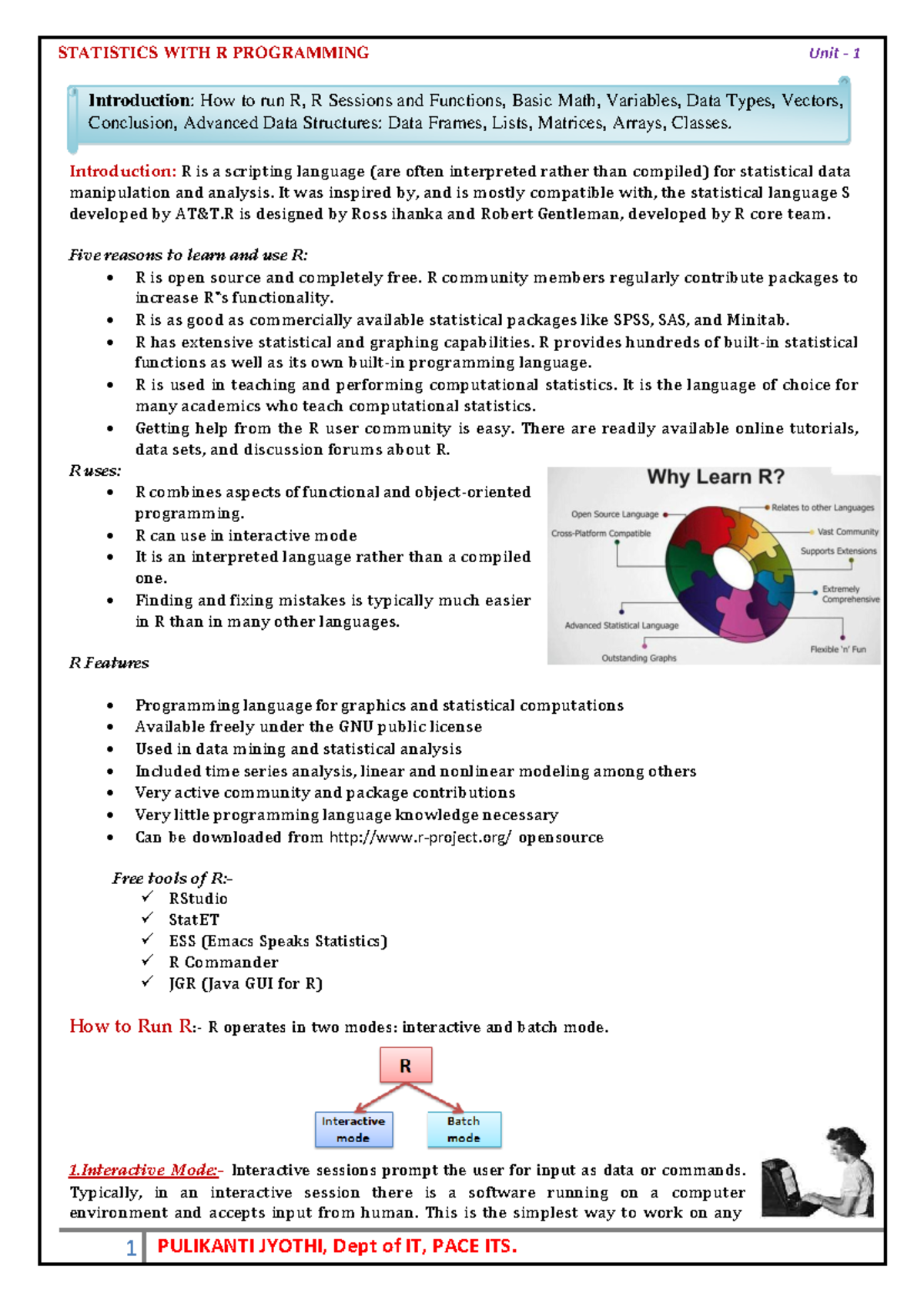 R-PROG Unit-1 Overview: Functions, Data Structures, and Features - Studocu