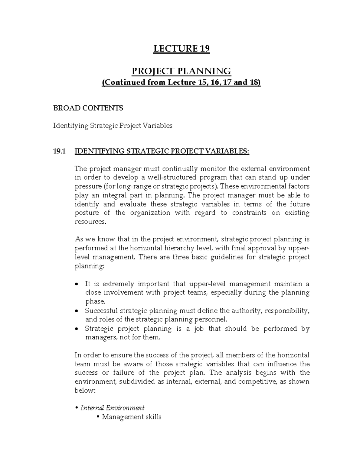LECTURE 19: PROJECT PLANNING & STRATEGIC VARIABLES (MGMT 627) - Studocu