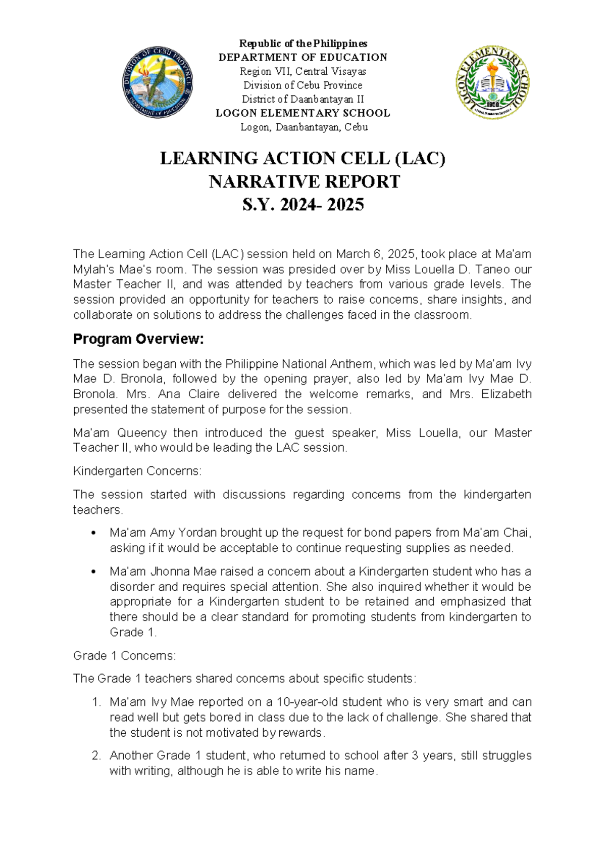 LAC Narrative Report for Logon Elementary School S.Y. 2025 - Studocu