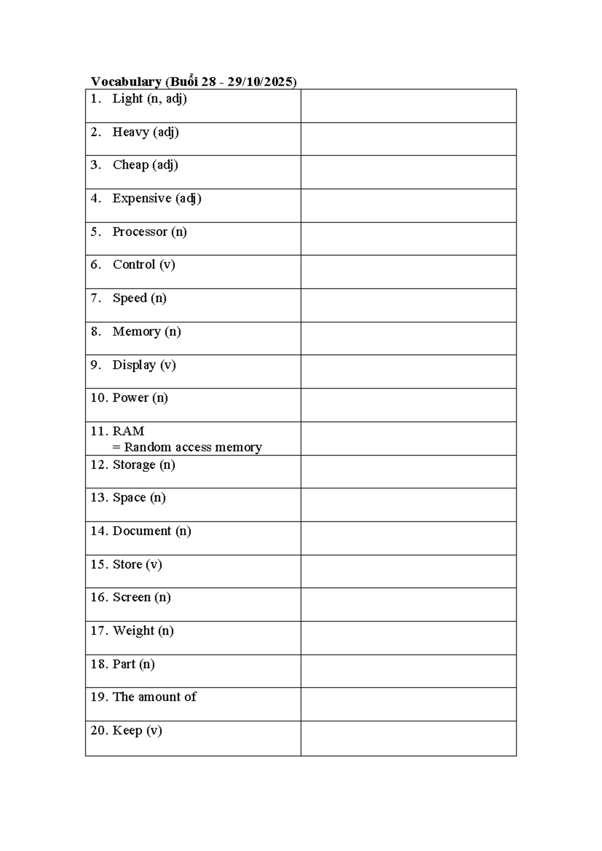 Vocabulary 28 - rac - Random - Vocabulary (Buổi 2 8 - 2 9 /10/2025 ...