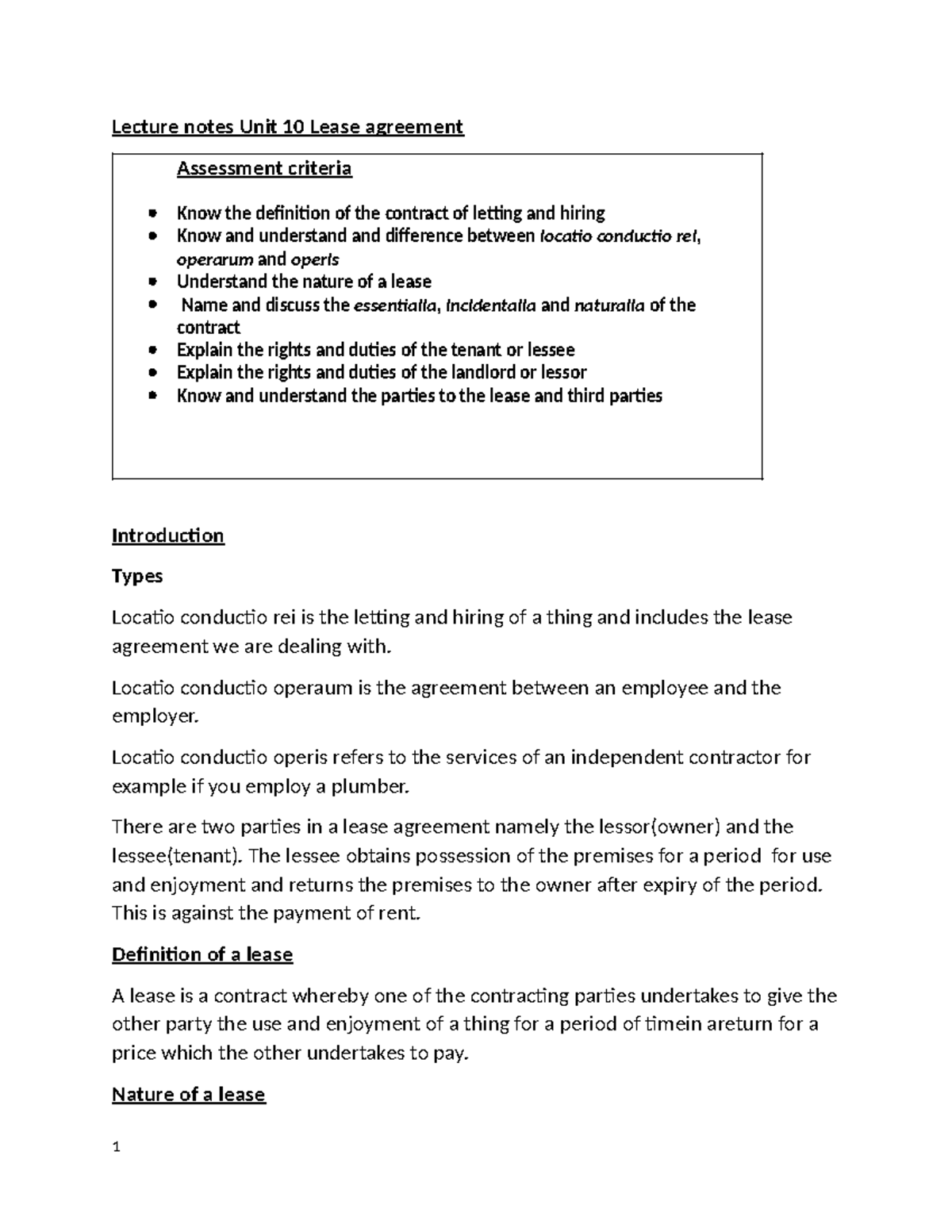Lecture Notes Unit 10: Comprehensive Guide to Lease Agreements - Studocu