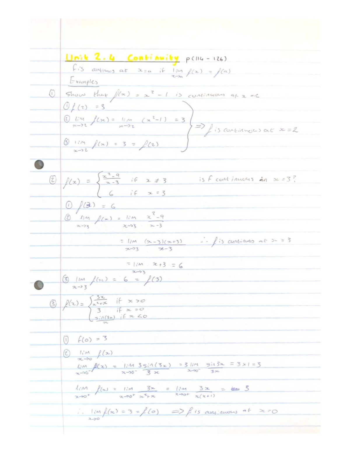 Unit 2.4 Summary: Continuity and Limit Examples - Studocu