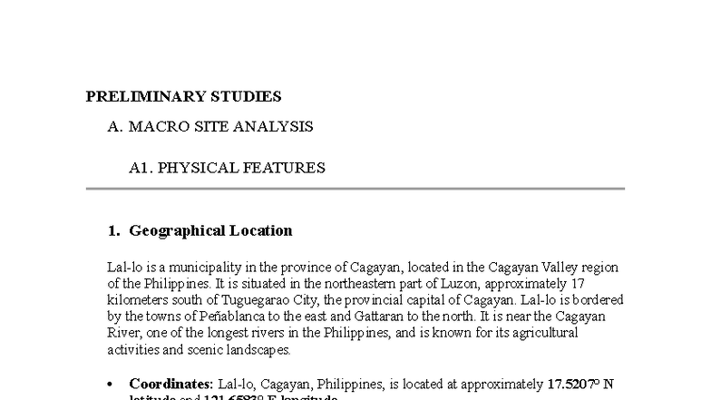 Preliminary Studies: Macro Site Analysis in Cagayan (A1) - Studocu