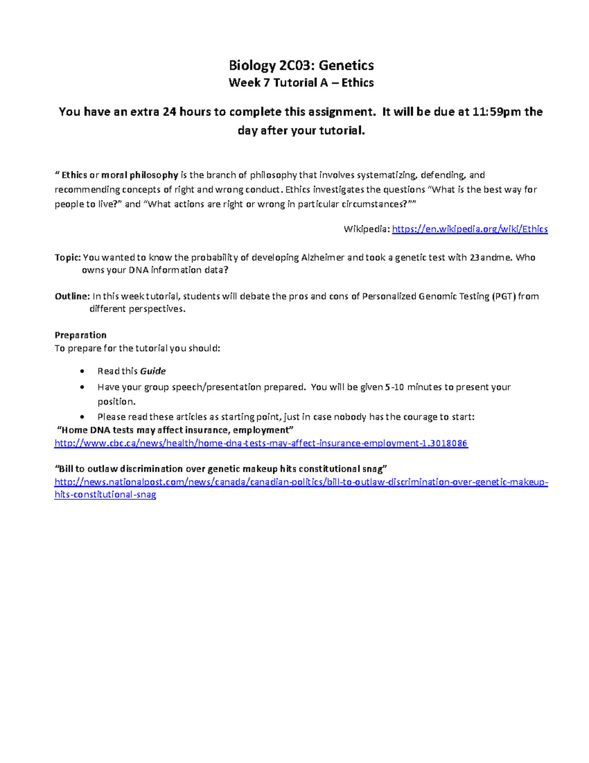 Biology 2C03: Week 7 Tutorial A Guide on Ethics in Genetics - Studocu