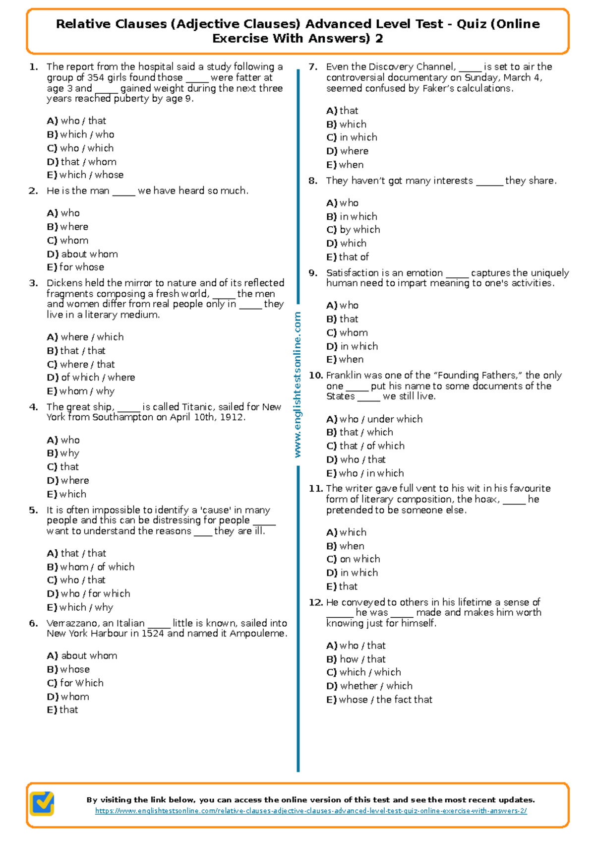 Advanced Level Quiz on Relative Clauses (Adjective Clauses) 2 - Studocu