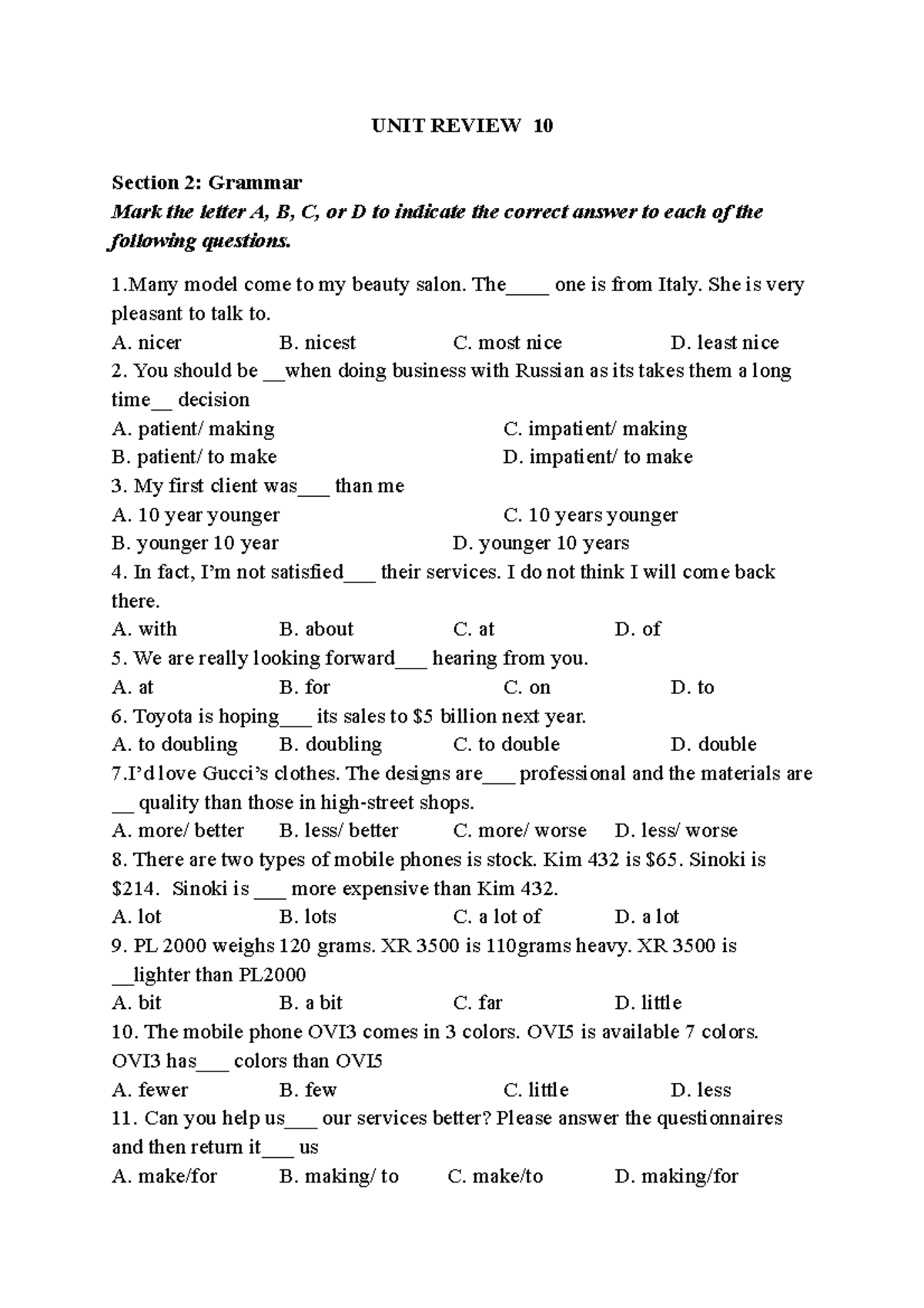 UNIT Review 10: Grammar, Reading Comprehension, and Writing Exercises ...