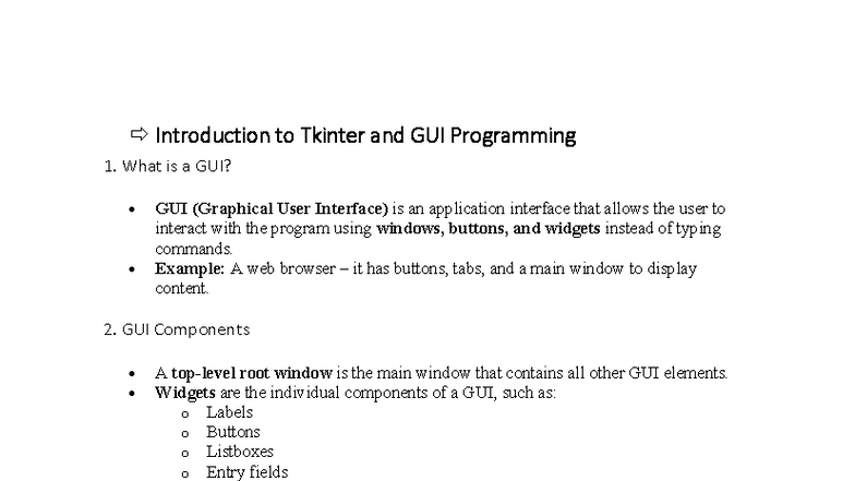 Tkinter Notes: Introduction to GUI Programming and Widgets - Studocu