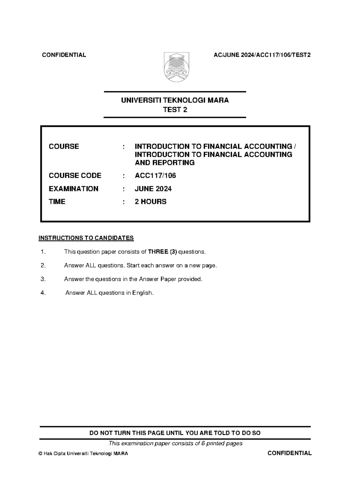 UITM FINANCIAL ACCOUNTING TEST 2 - JUNE 2024 EXAMINATION PAPER - Studocu