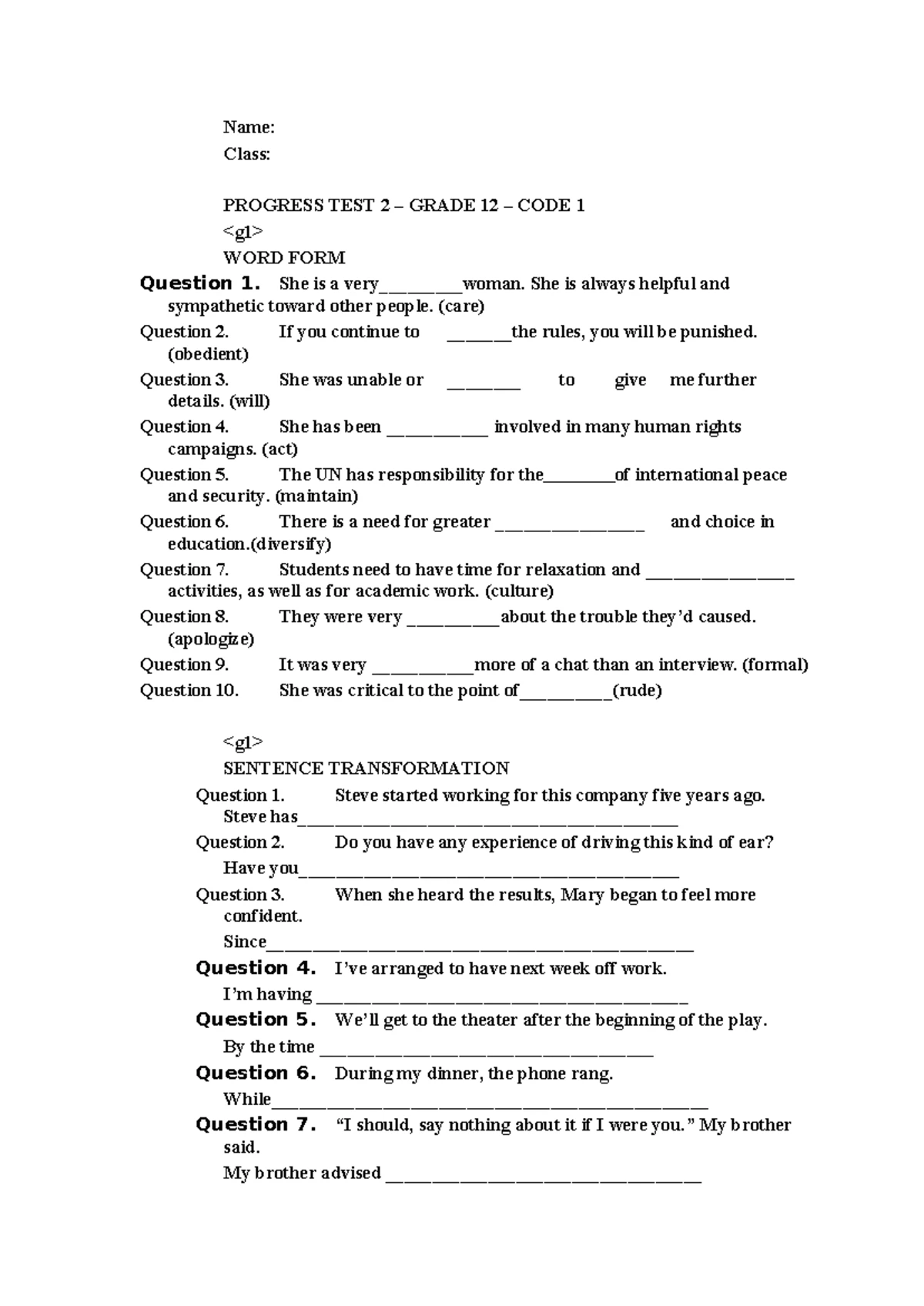 PROGRESS TEST 2 GRADE 12: WORD FORM & SENTENCE TRANSFORMATION - Studocu