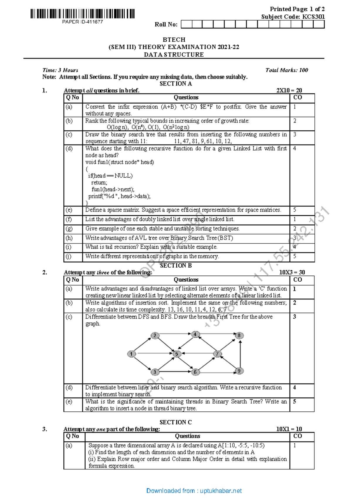 KCS301 BTECH Final Exam: Data Structure Question Paper - Studocu