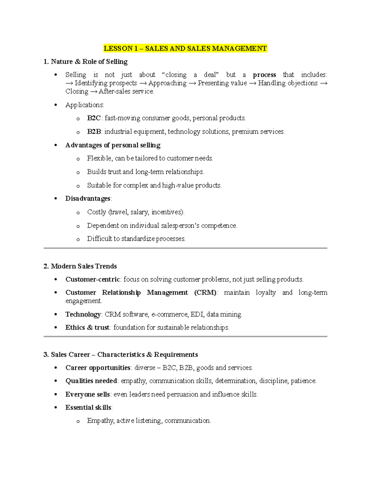 LESSON 1 SALES AND SALES MANAGEMENT SUMMARY - TÓM TẮT LÝ THUYẾT - Studocu