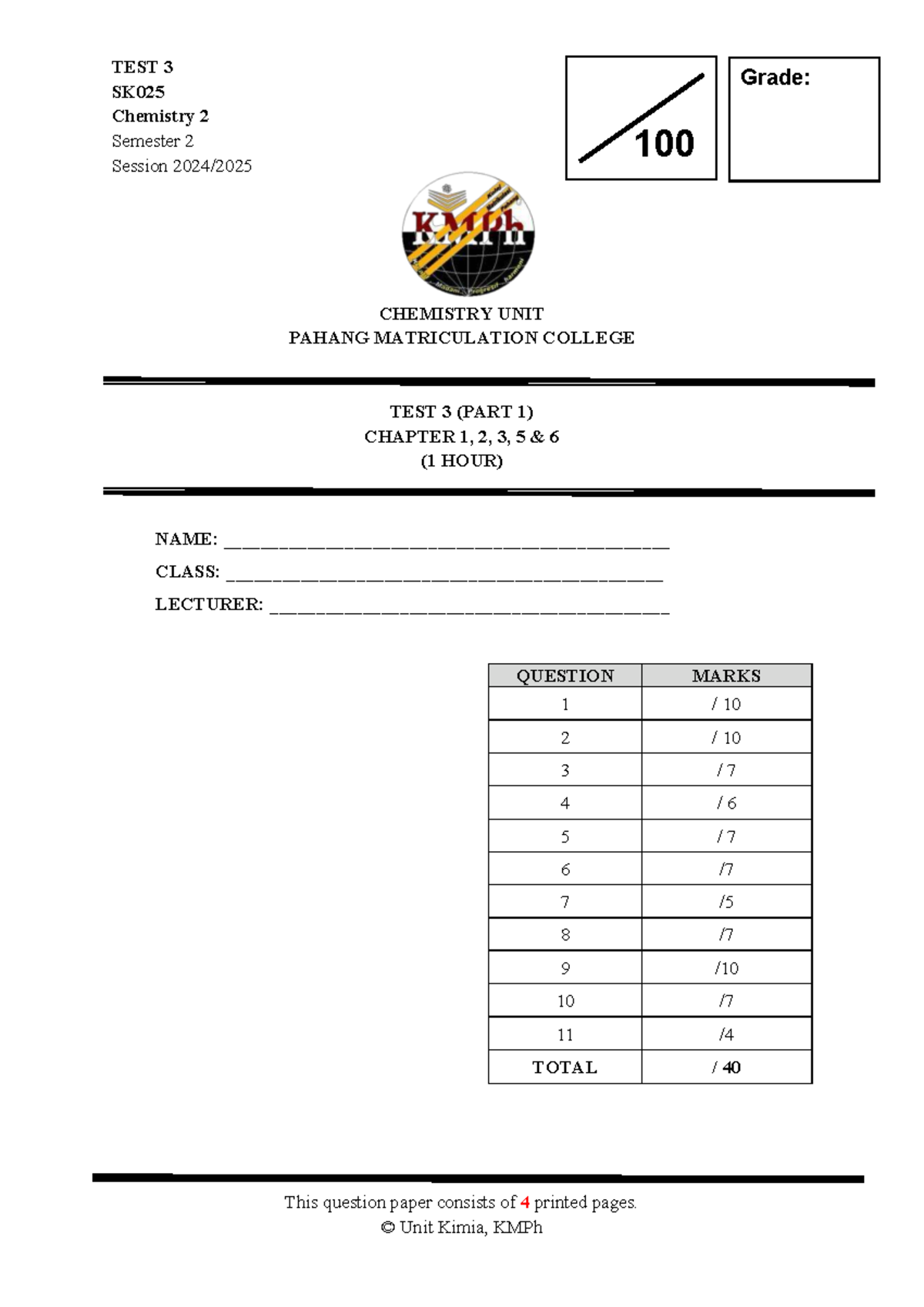 TEST 3 SK025 Chemistry 2 Semester 2 - Chapters 1, 2, 3, 5, 6 - Studocu